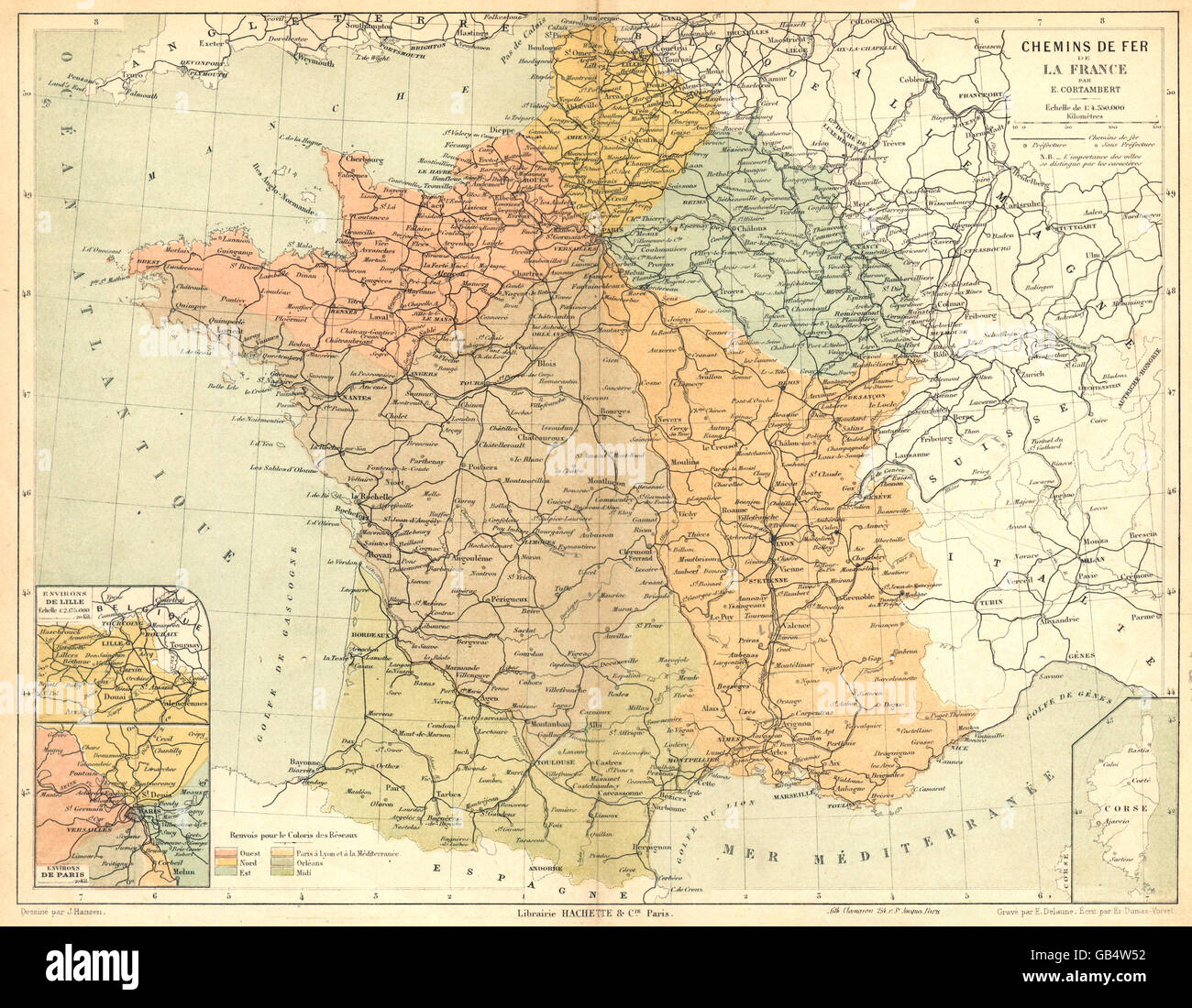 FRANCE: Chemins fer; maps Lille; Paris; Corse (Corsica) , 1880 Stock ...