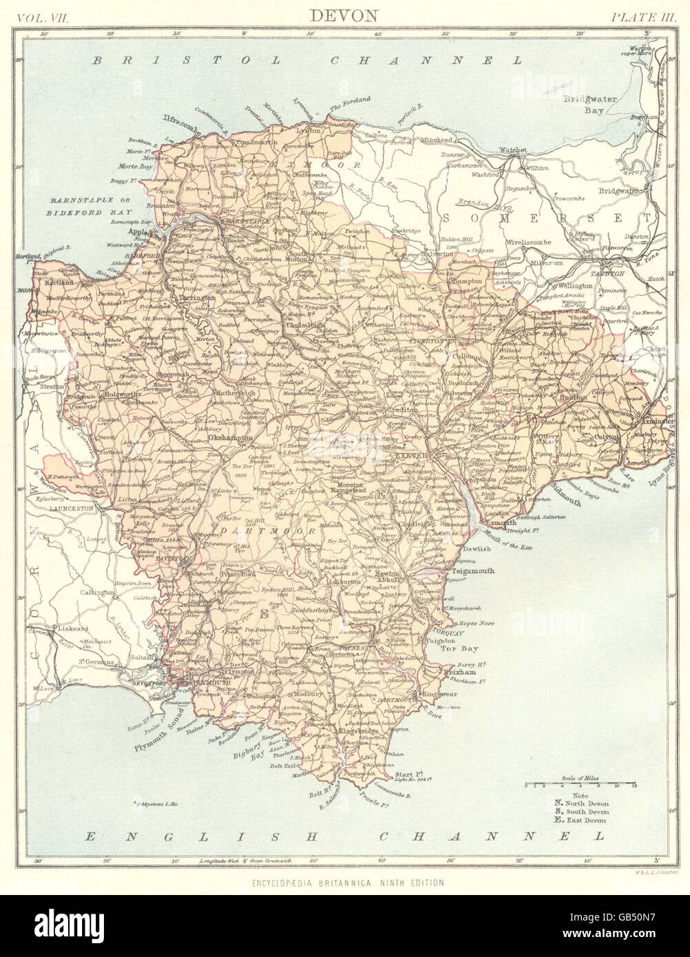 DEVON: Devonshire. Britannica 9th edition County map, 1898 Stock Photo ...