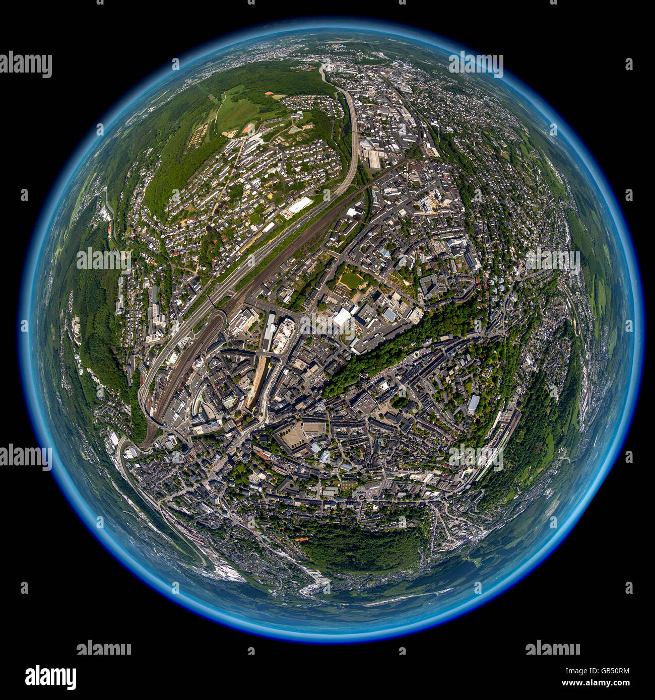 Aerial view, fisheye image of the center of Siegen with river Sieg ...