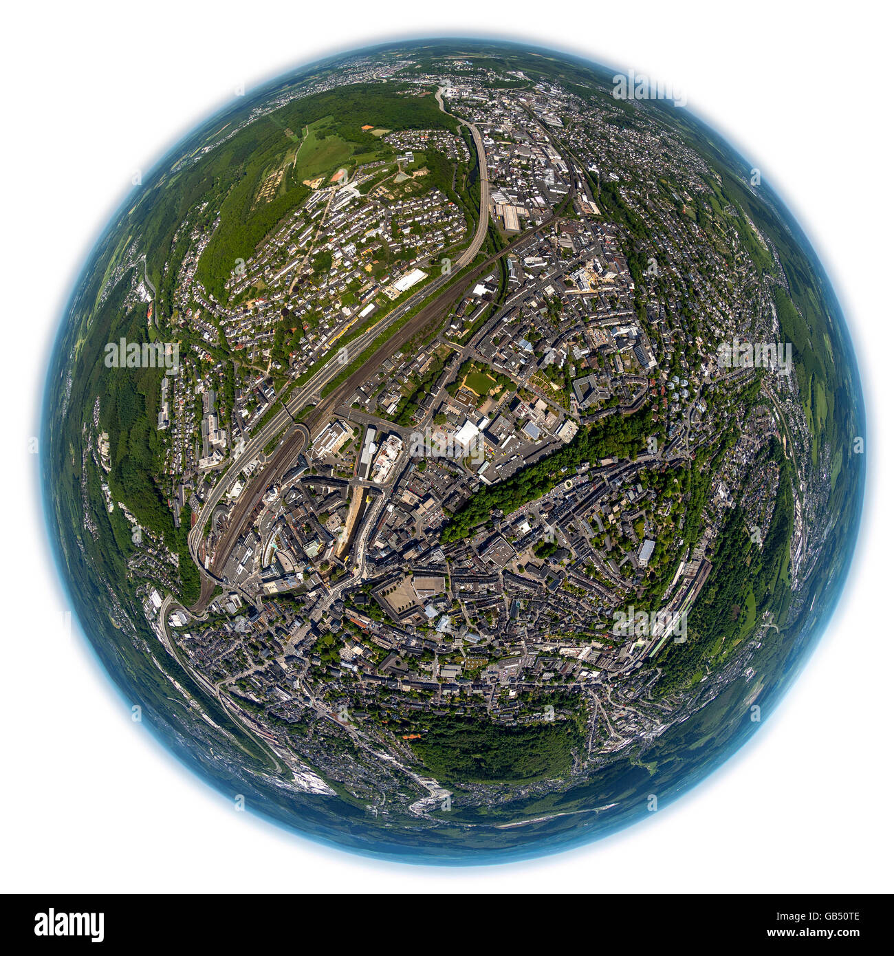 Aerial view, fisheye image of the center of Siegen with river Sieg ...