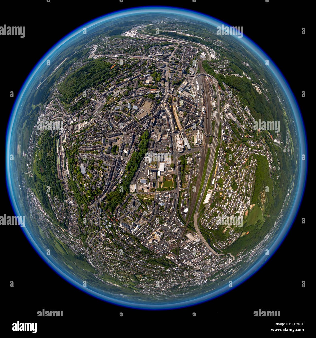 Aerial view, fisheye image of the center of Siegen with river Sieg ...