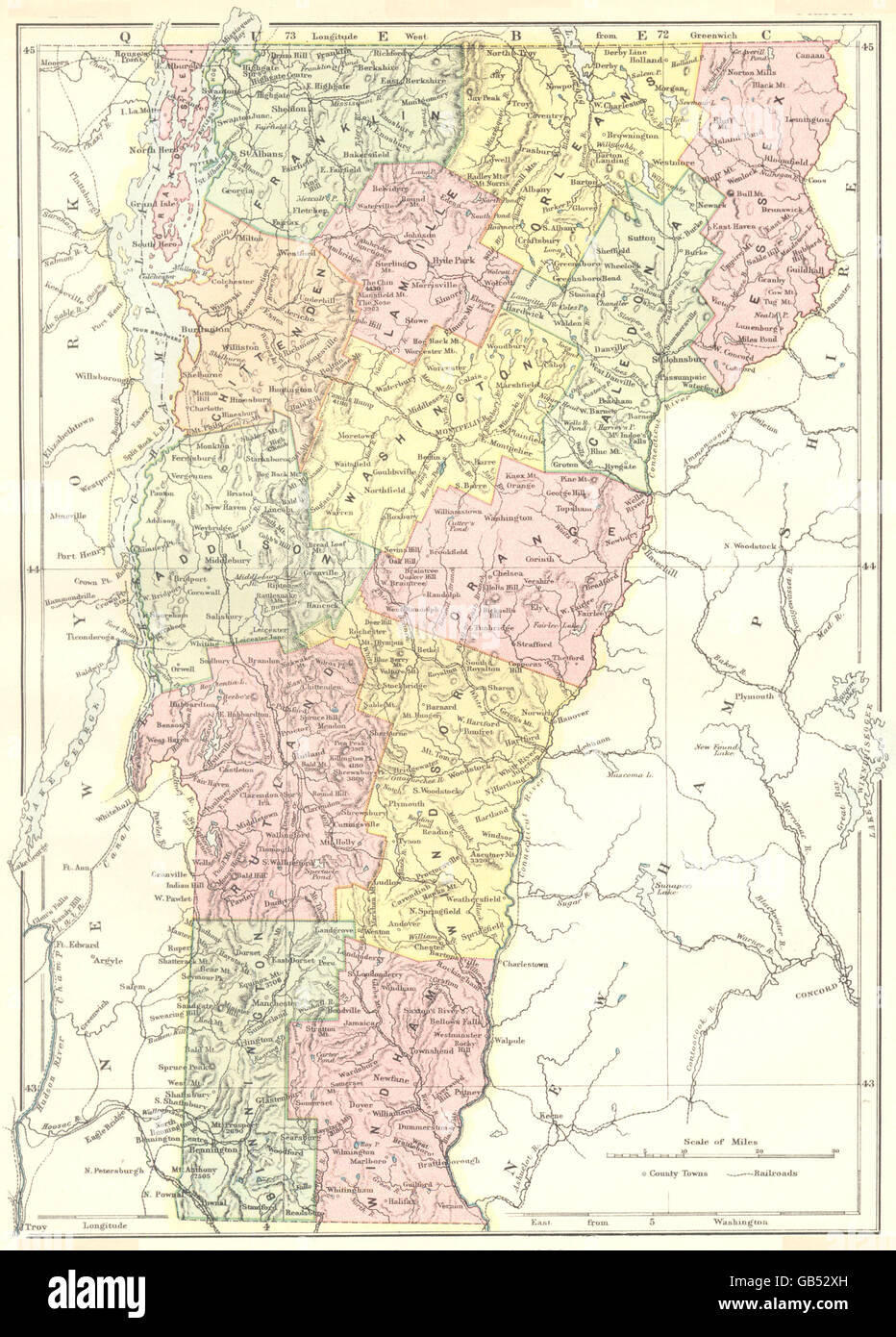 VERMONT: State map showing counties. Britannica 9th edition, 1898 Stock ...