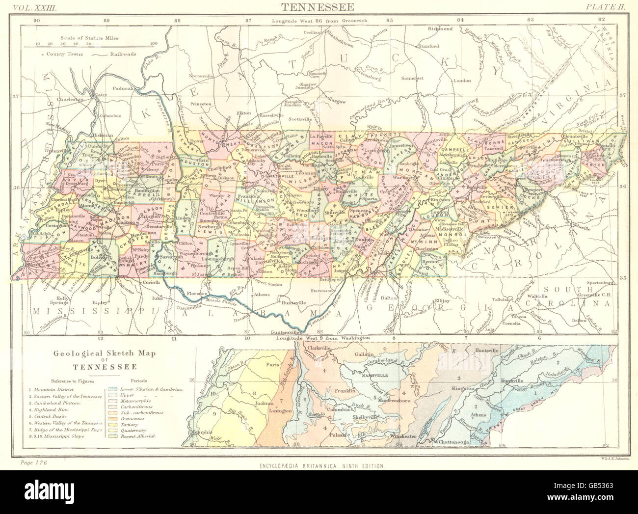 TENNESSEE: Showing counties. Geological sketch map. Britannica 9th ...