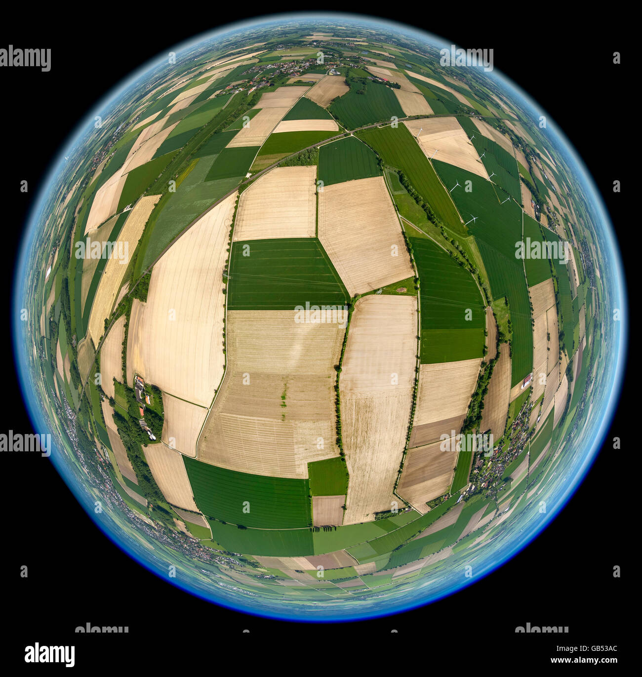 Aerial view, fields, agriculture, fish-eye image, fisheye, small fields ...