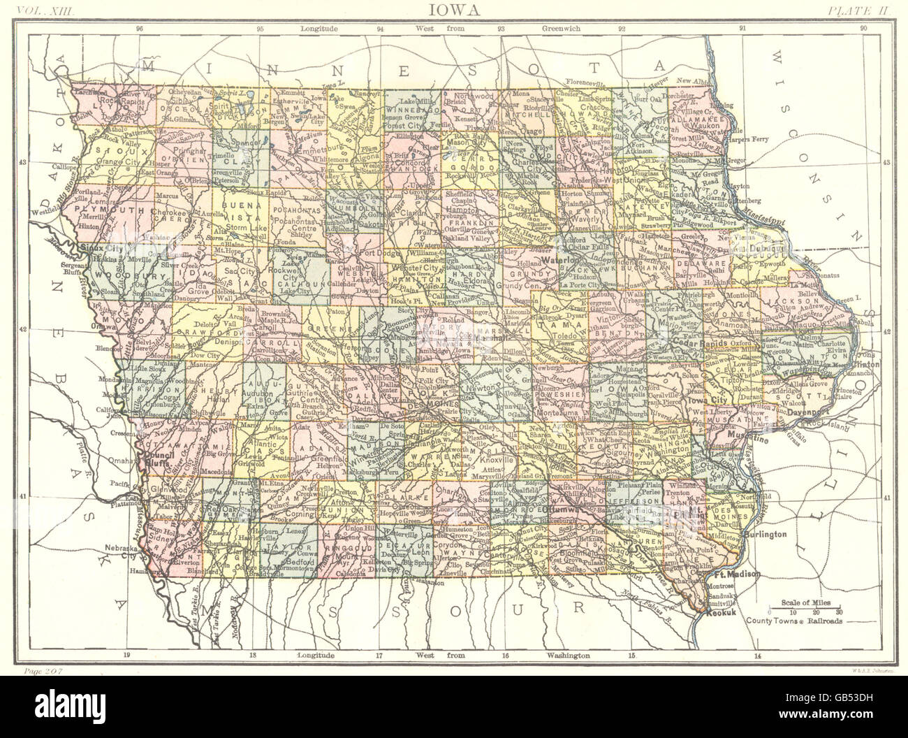 IOWA: State map showing counties. Britannica 9th edition, 1898 Stock ...