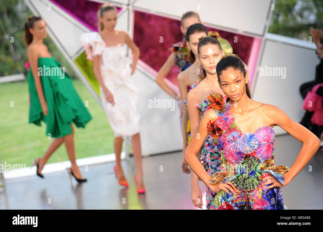 Models parade after a show by Nathan Jenden during London Fashion Week ...