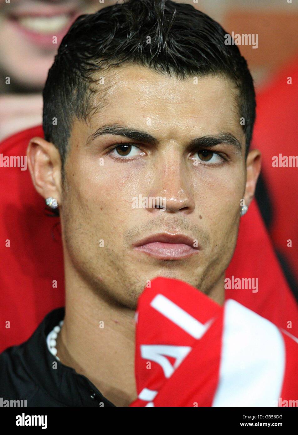 Manchester uniteds cristiano ronaldo on the bench hi-res stock ...
