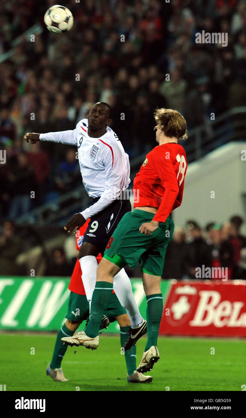 England's Emile Heskey in action with Belarus' Dmitry Verkhovtsov ...