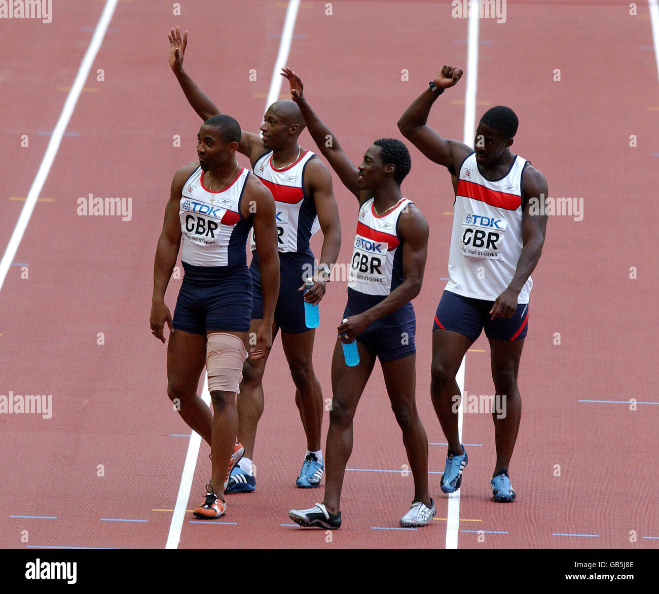 Great Britain's silver medal 4x100m relay team acknowledge their fans ...