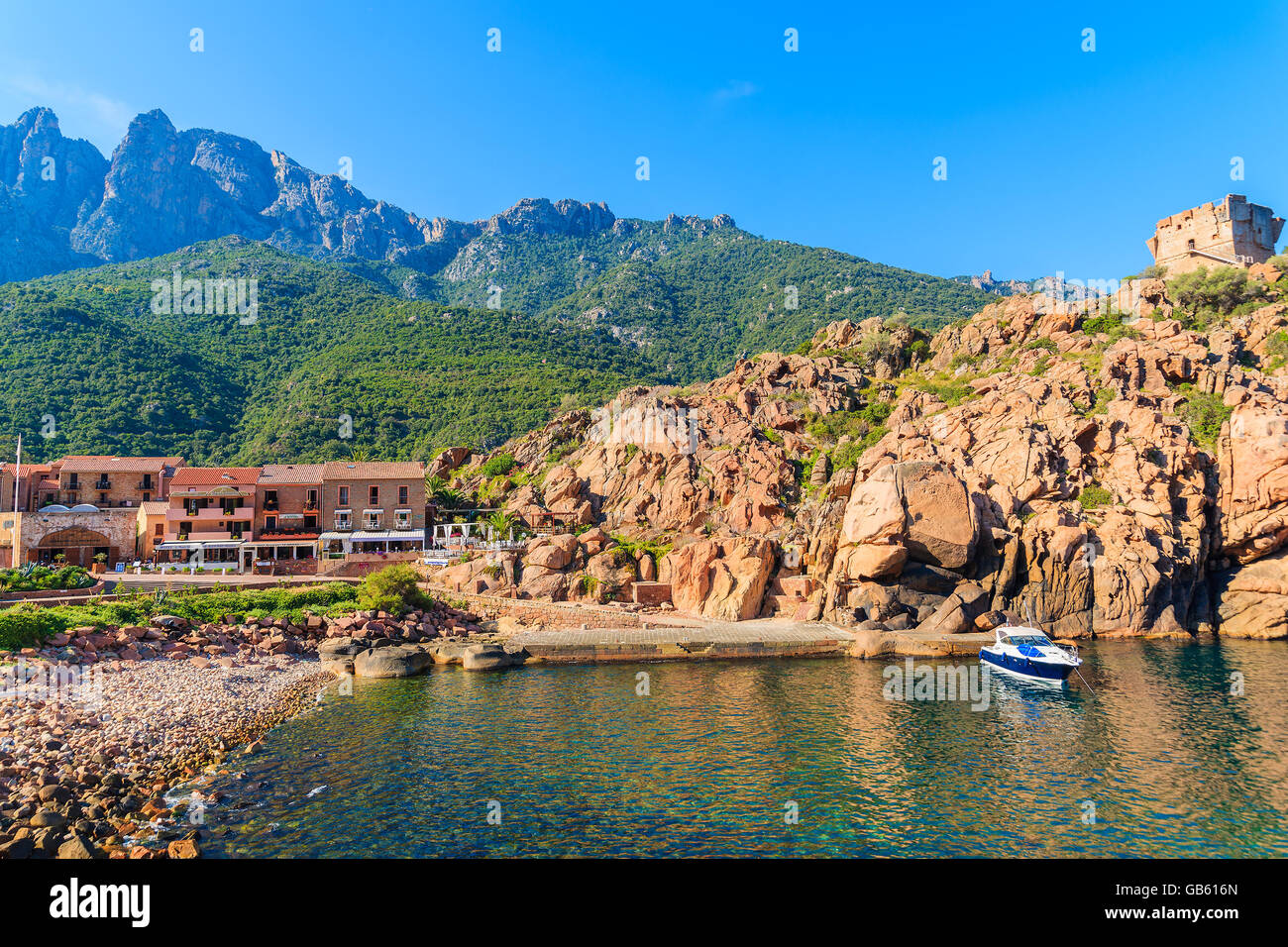 PORTO, CORSICA ISLAND - JUN 27, 2015: boat in Porto bay in early ...