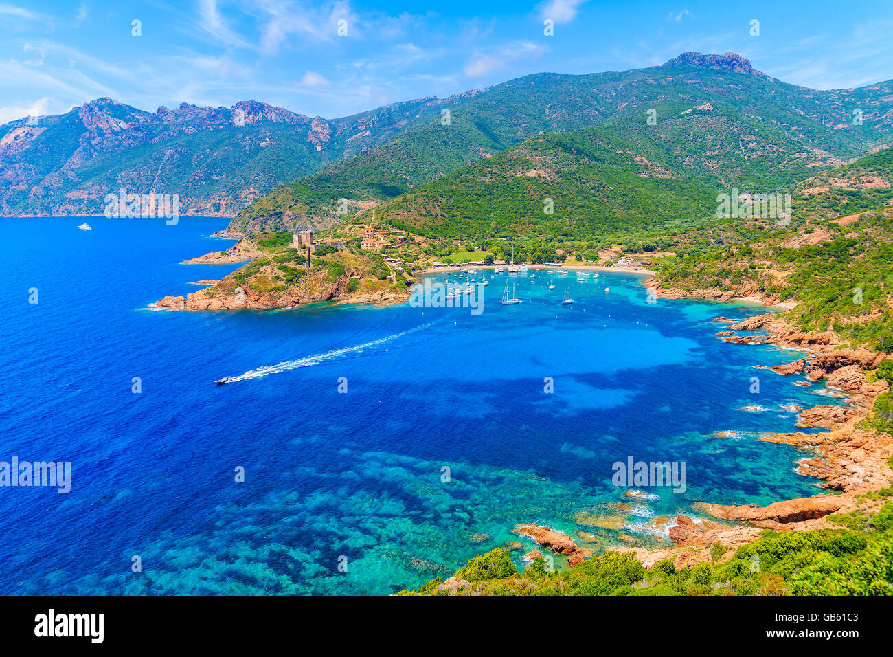 A view of beautiful Girolata bay with azure sea water, Corsica island ...