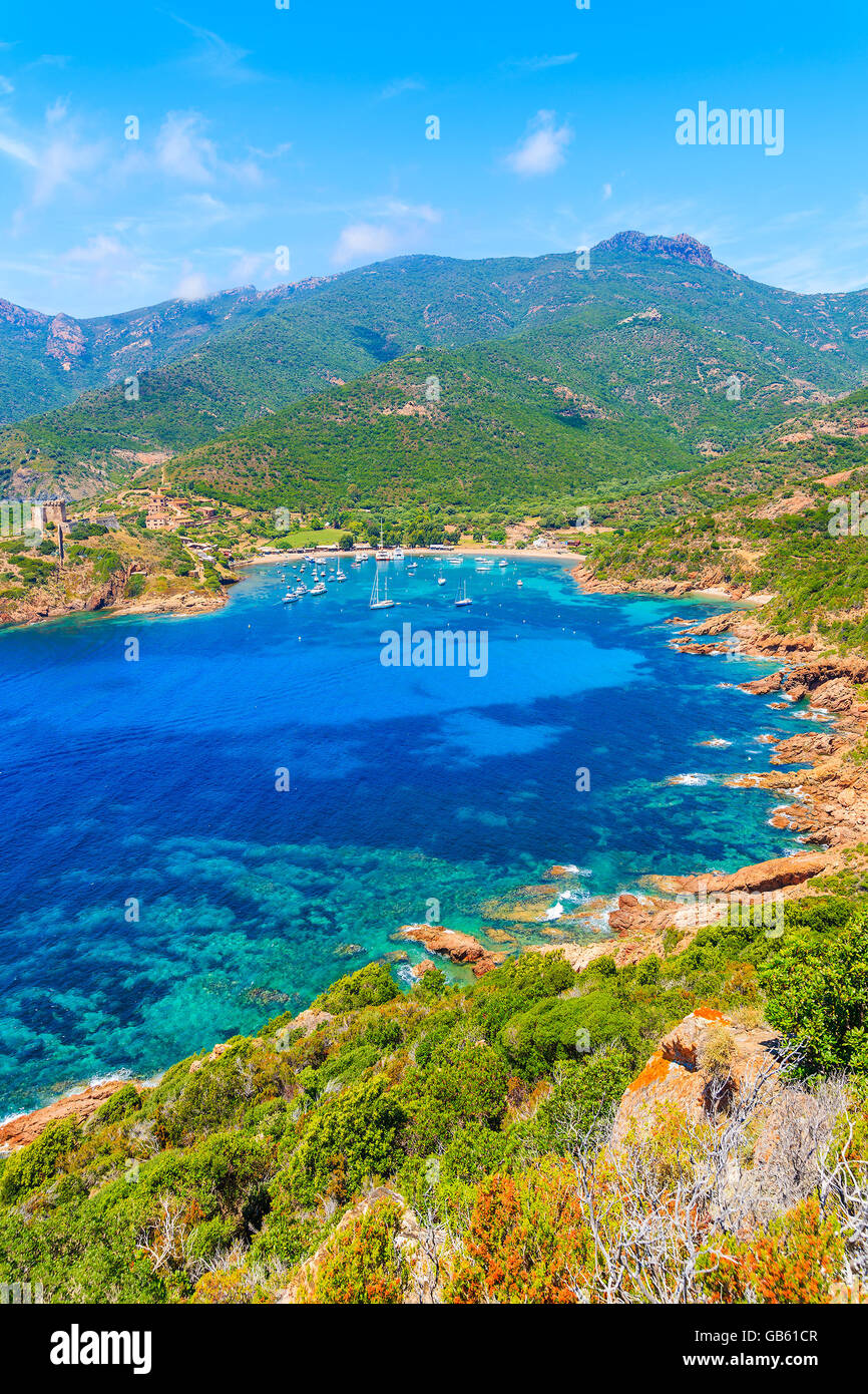 A view of beautiful Girolata bay with azure sea water, Corsica island ...