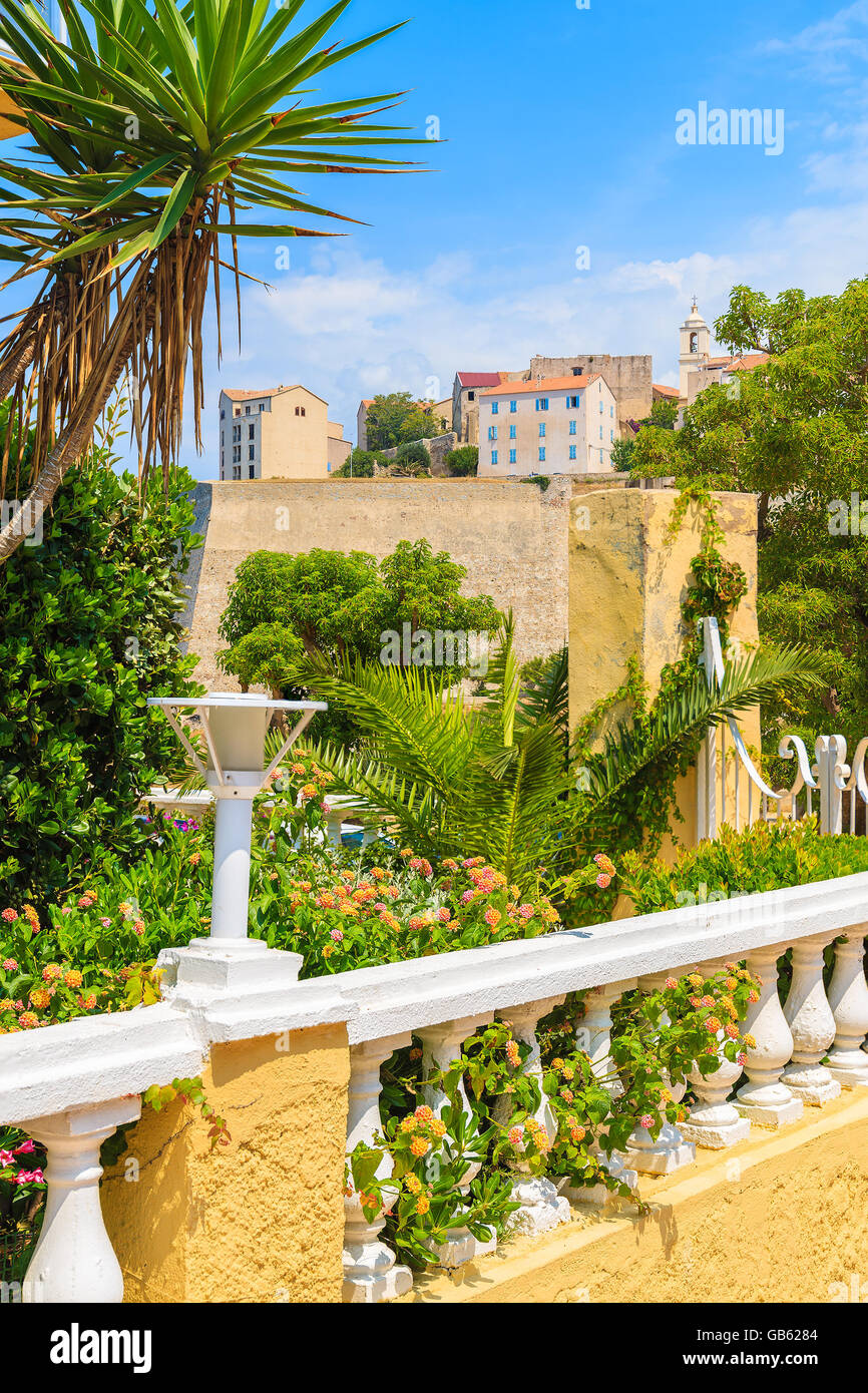 View of Calvi town from public promenade garden area, Corsica island ...