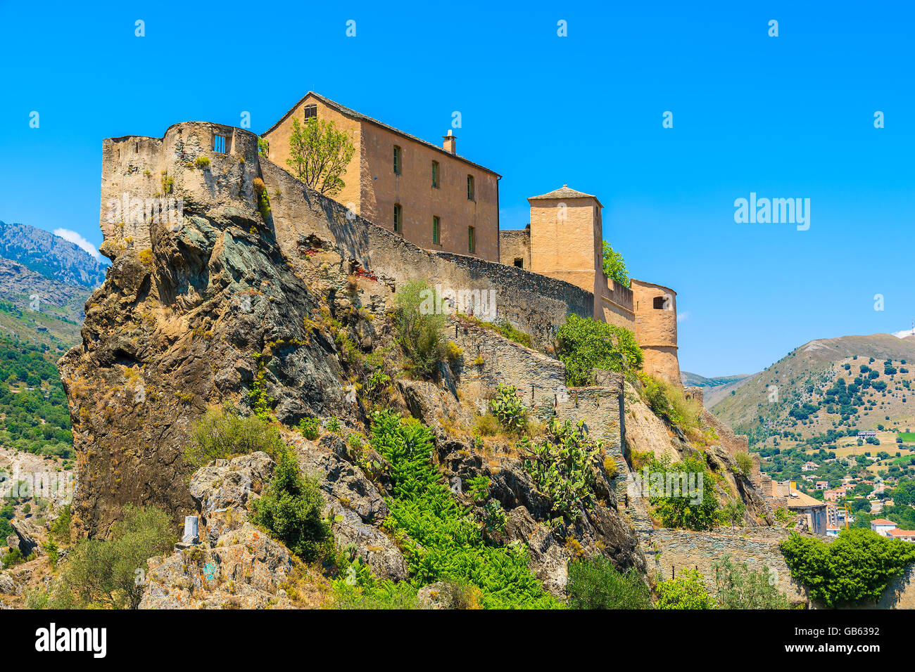 Citadel built on top of a hill in Corte town, Corsica island, France ...
