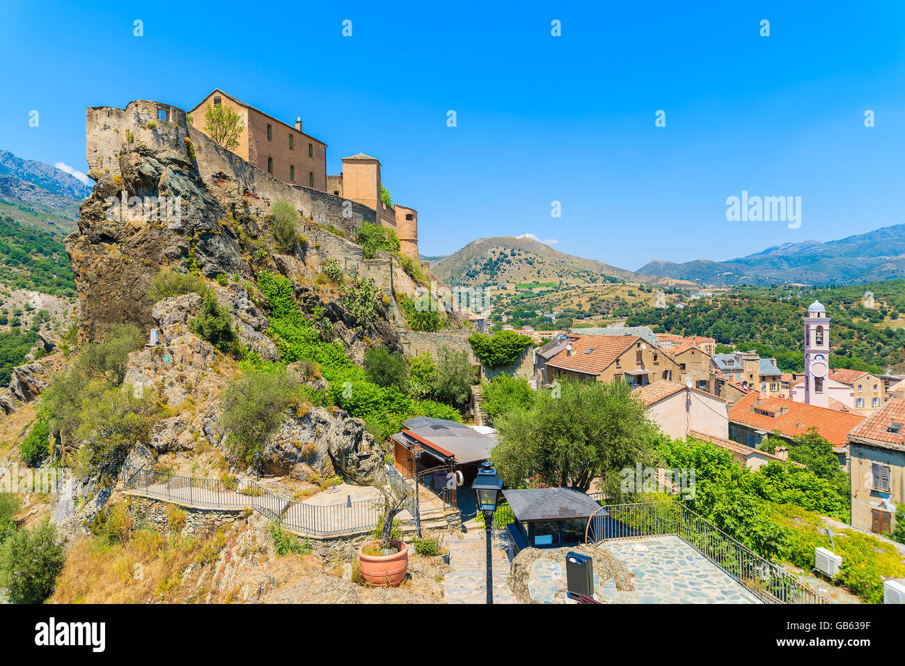 Citadel built on top of a hill in Corte town, Corsica island, France ...