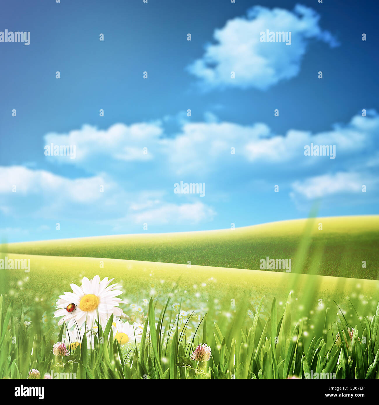 Dreamy natural landscape with green hills under blue skies and couple ...