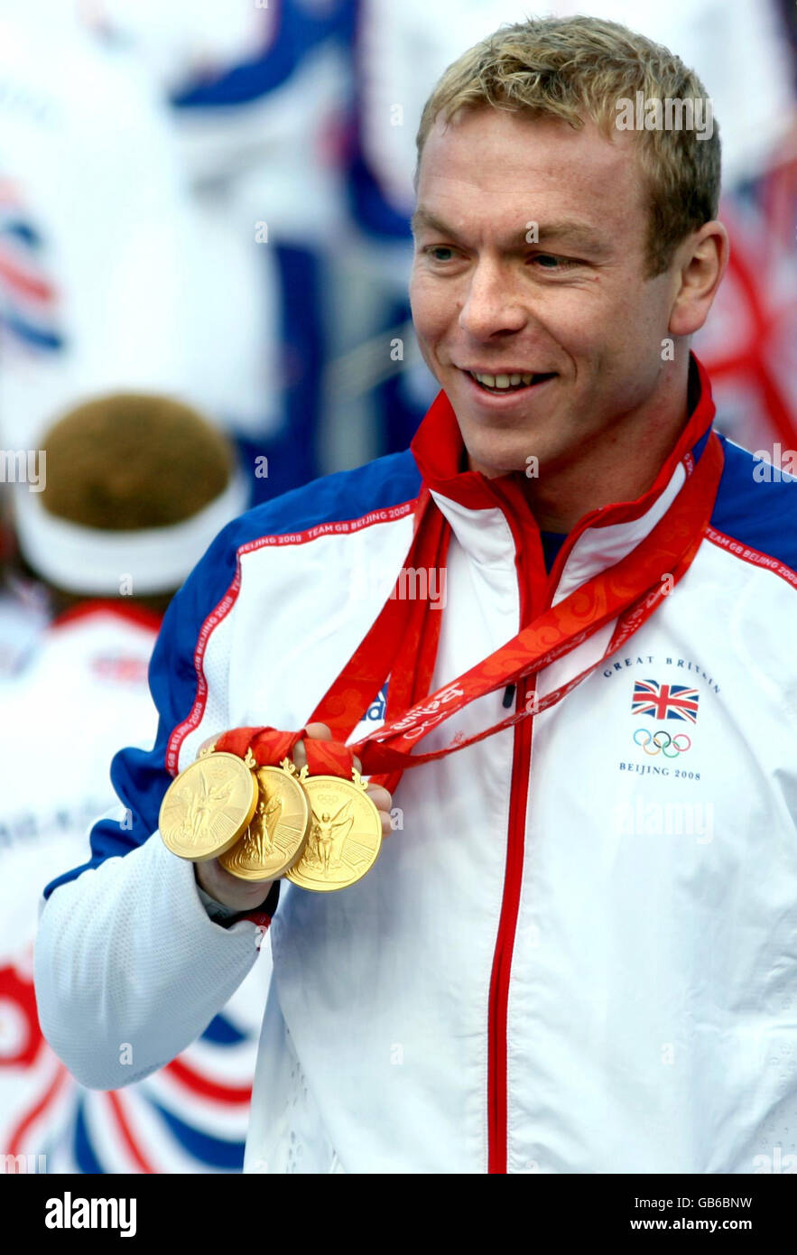 Olympic Athlete Chris Hoy celebrates on stage in Trafalgar Square ...
