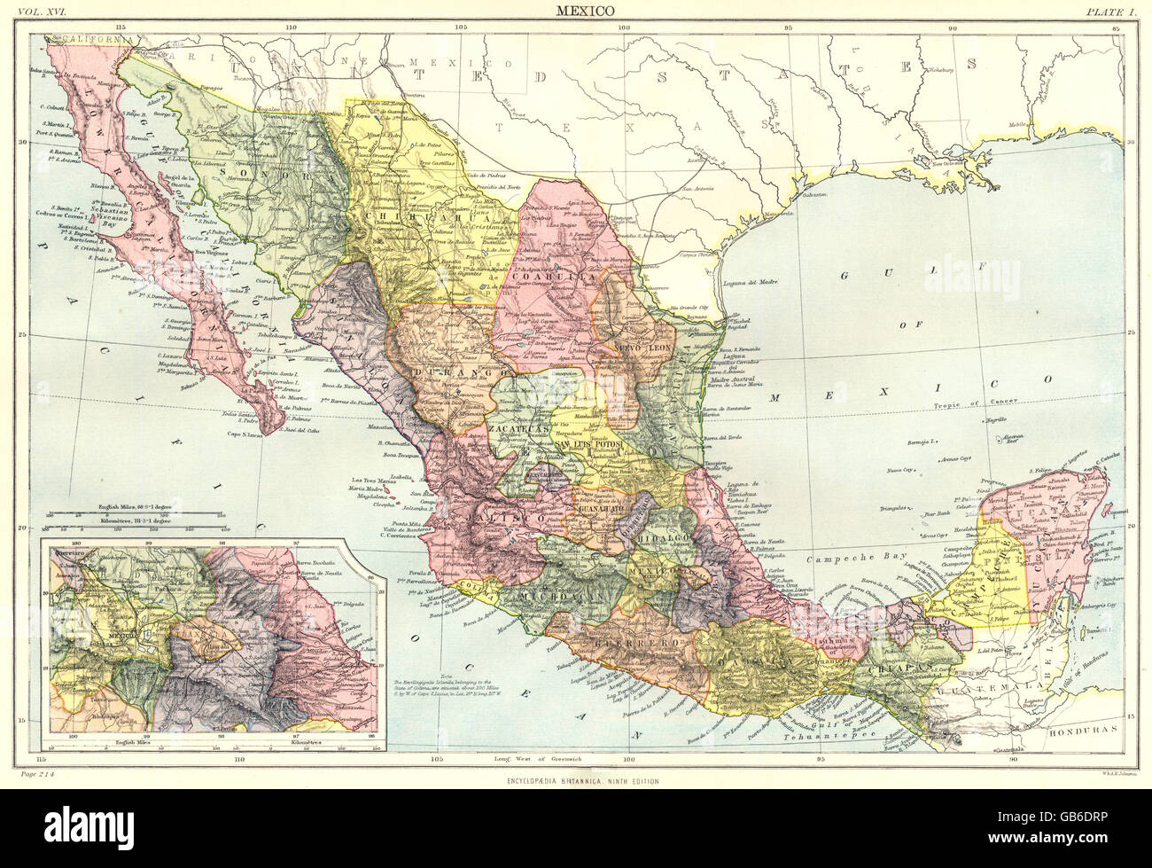 MEXICO: Showing states. Inset Mexico City. Britannica 9th edition, 1898 ...