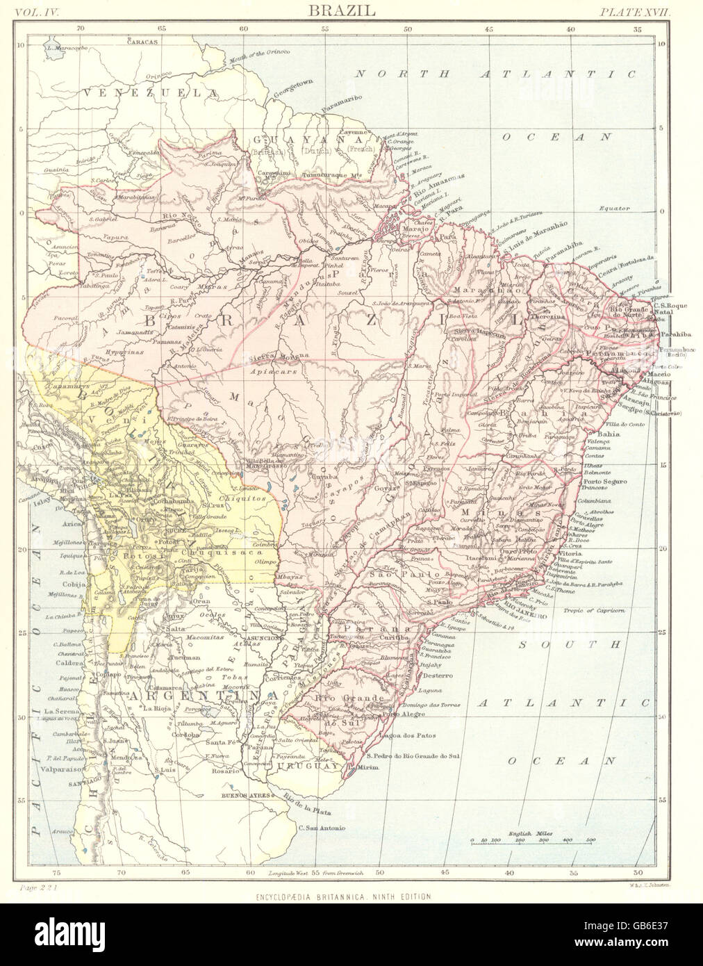 BRAZIL & BOLIVIA: Britannica 9th edition, 1898 antique map Stock Photo ...