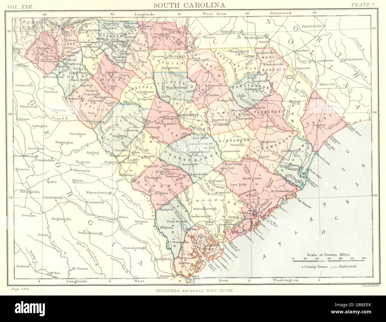 SOUTH CAROLINA: State map showing counties. Britannica 9th edition ...