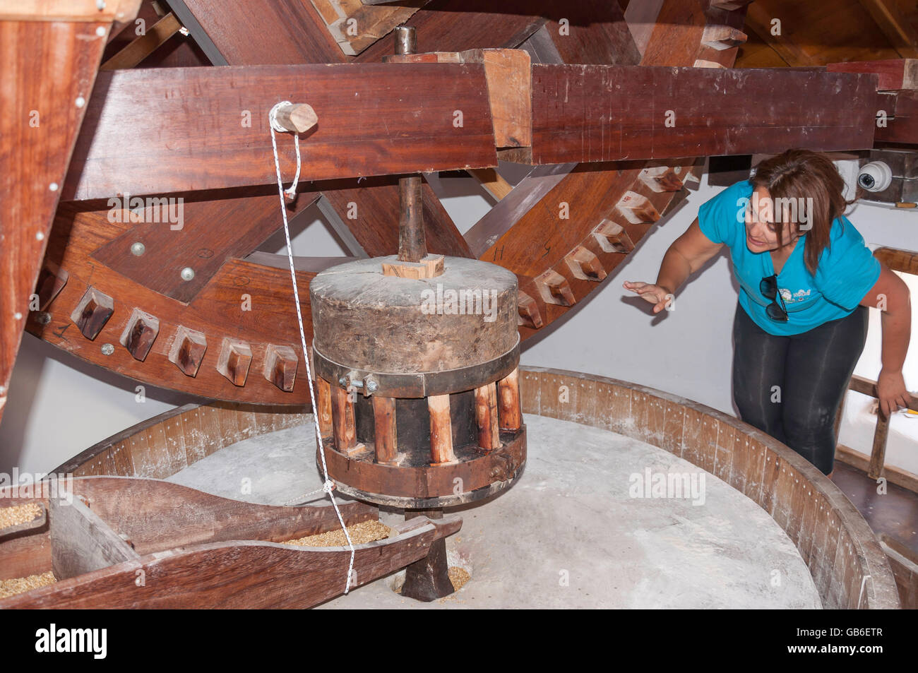 Grinding stone inside working Antimachia Windmill, Antimachia, Kos (Cos ...