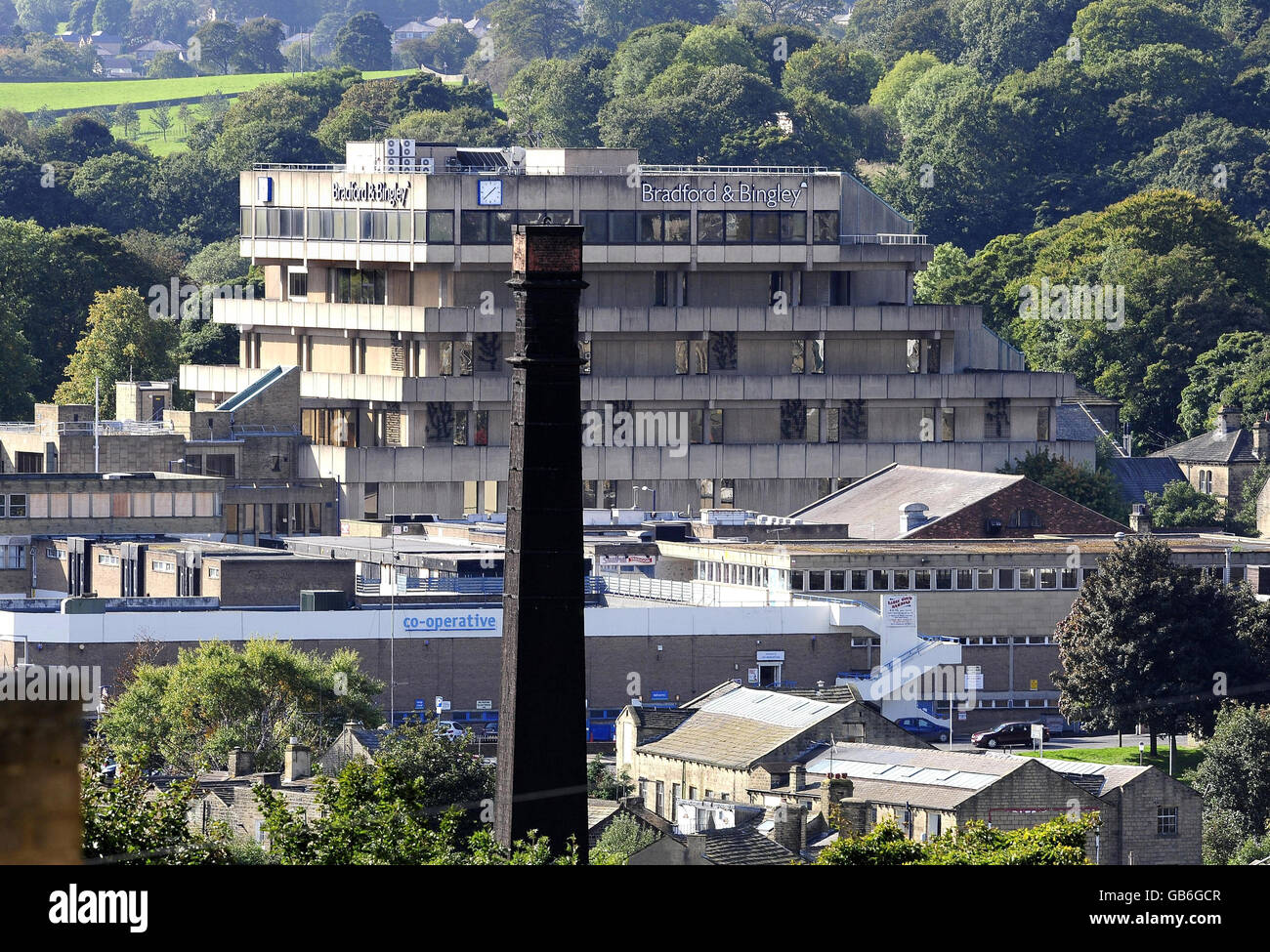 Bradford and Bingley to be nationalised. Unused old mill chimneys stand ...