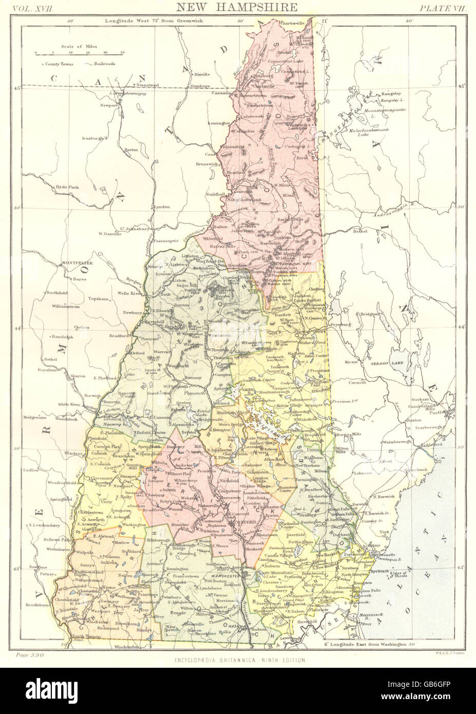 NEW HAMPSHIRE: State map showing counties. Britannica 9th edition, 1898 ...