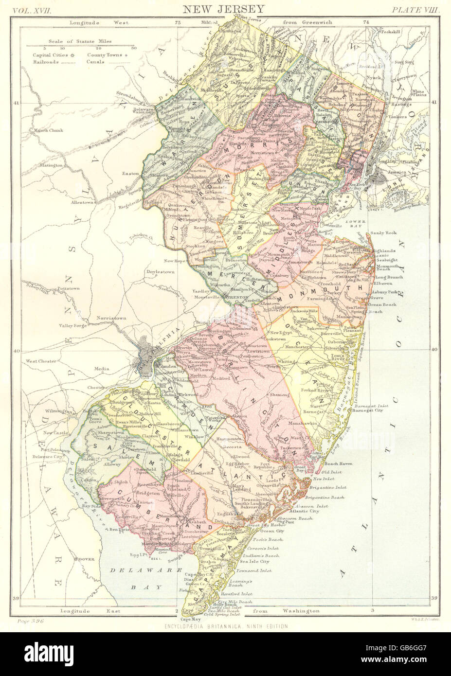 NEW JERSEY: State map showing counties. Britannica 9th edition, 1898 ...