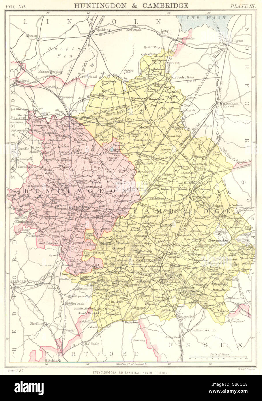 CAMBRIDGESHIRE & HUNTINGDONSHIRE: Britannica 9th edition County map ...