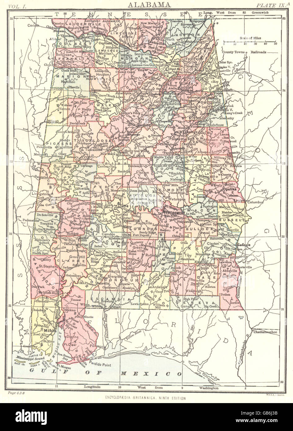 ALABAMA: Showing counties. Britannica 9th edition, 1898 antique map ...