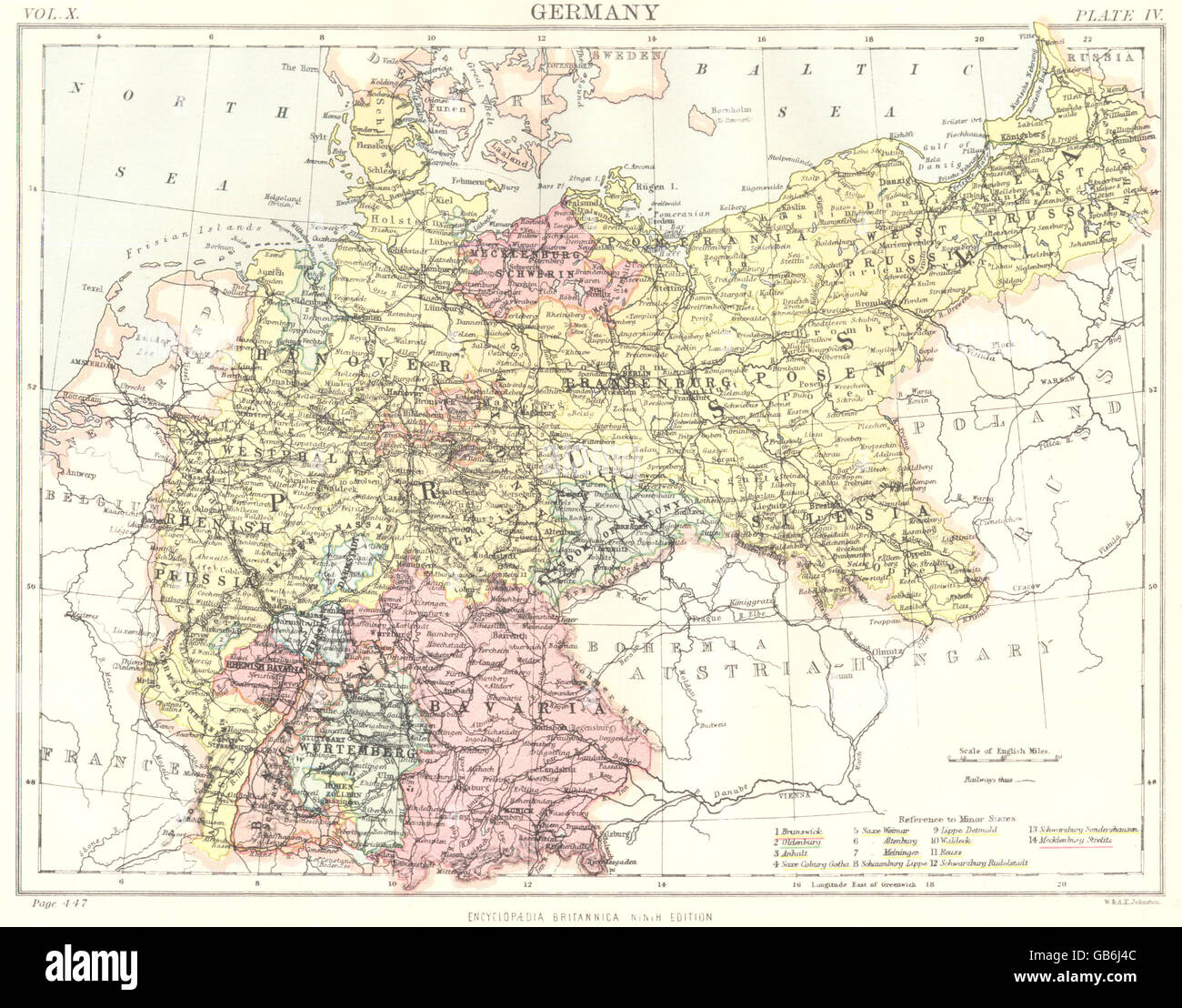 GERMANY: Showing states. Britannica 9th edition, 1898 antique map Stock ...