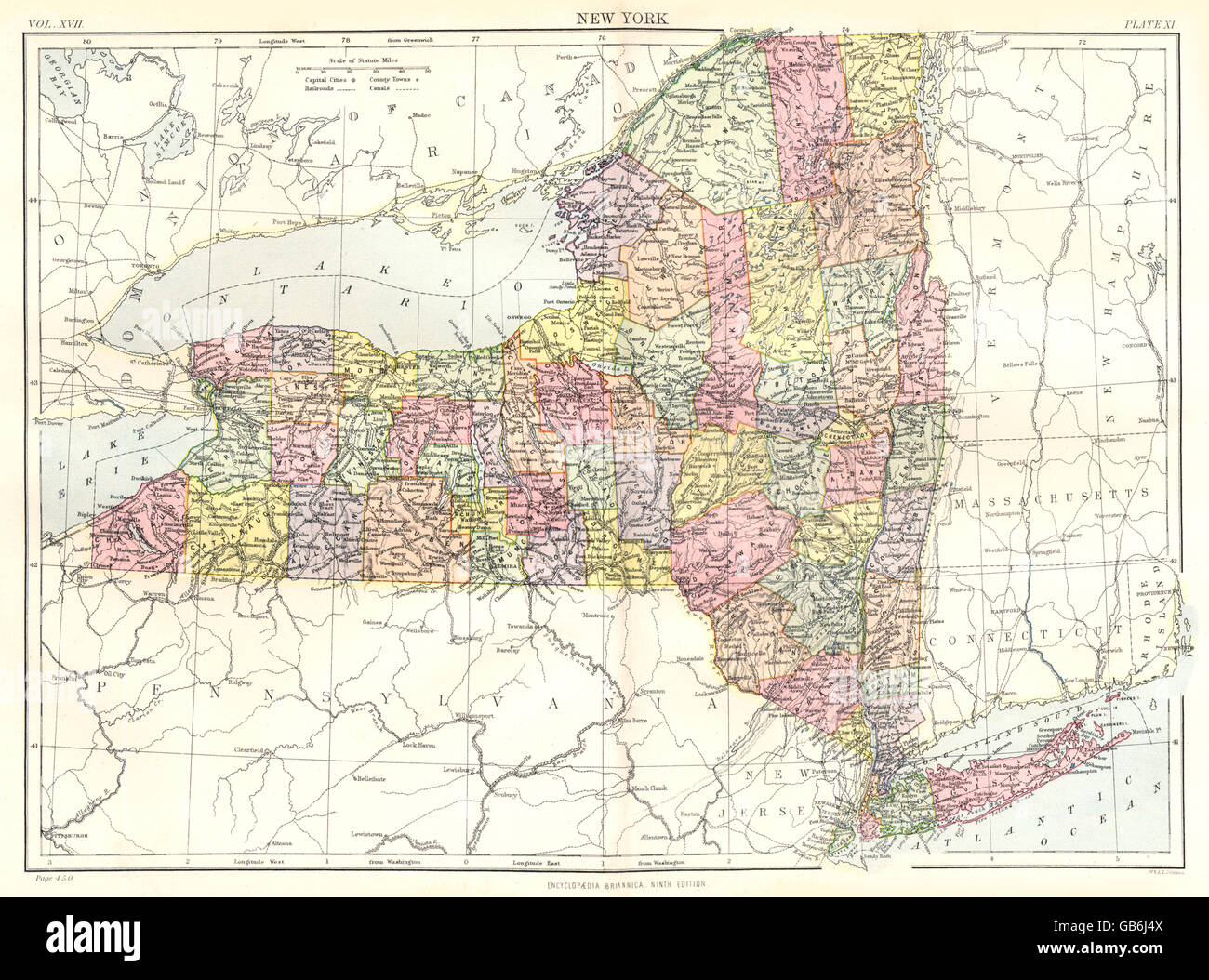 NEW YORK: State map showing counties. Britannica 9th edition, 1898 ...