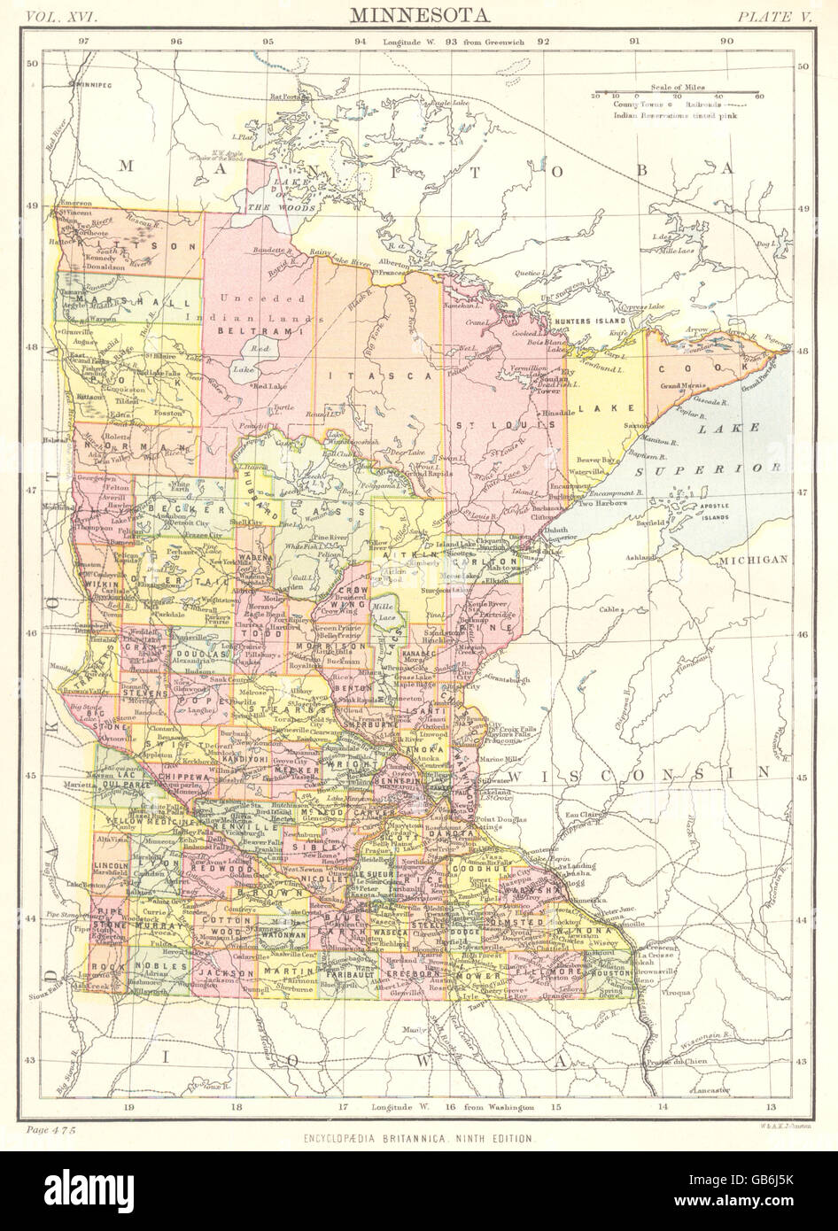 MINNESOTA: State map showing counties. Britannica 9th edition, 1898 ...