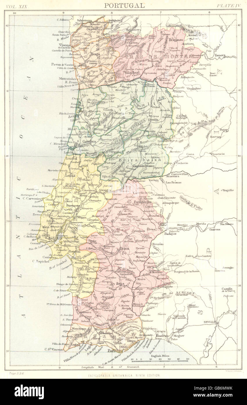 PORTUGAL: Showing provinces. Britannica 9th edition, 1898 antique map ...