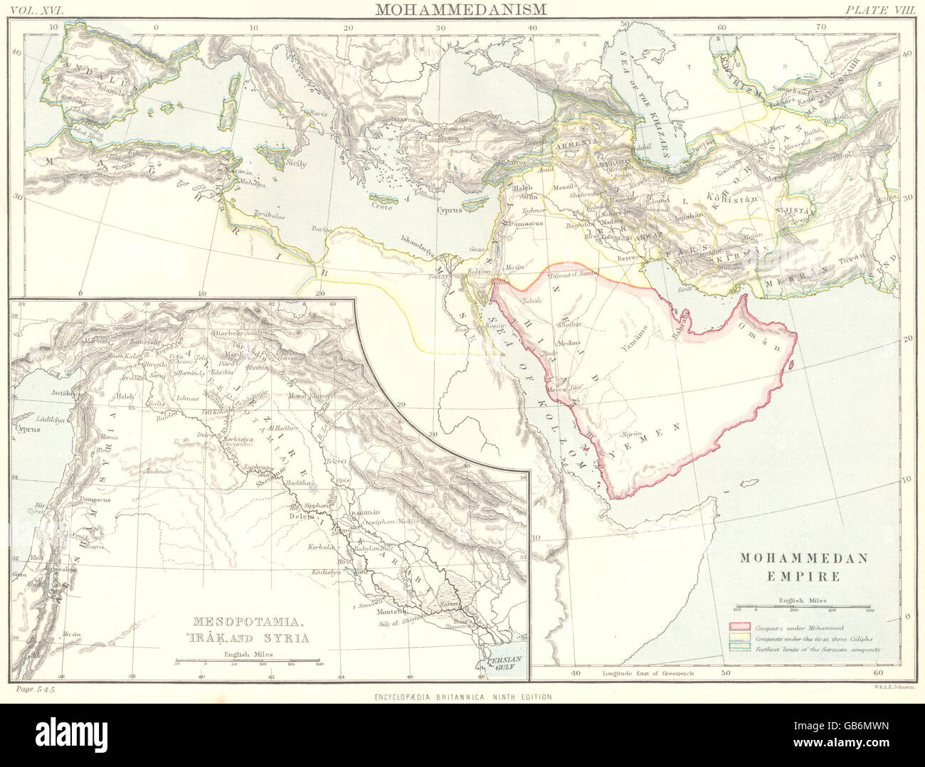 MIDDLE EAST: Islam Muslim Empire; Inset map of Mesopotamia, Iraq ...