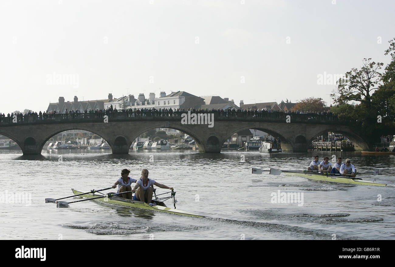 Members of the public wait on a bridge for the British Olympic rowing ...