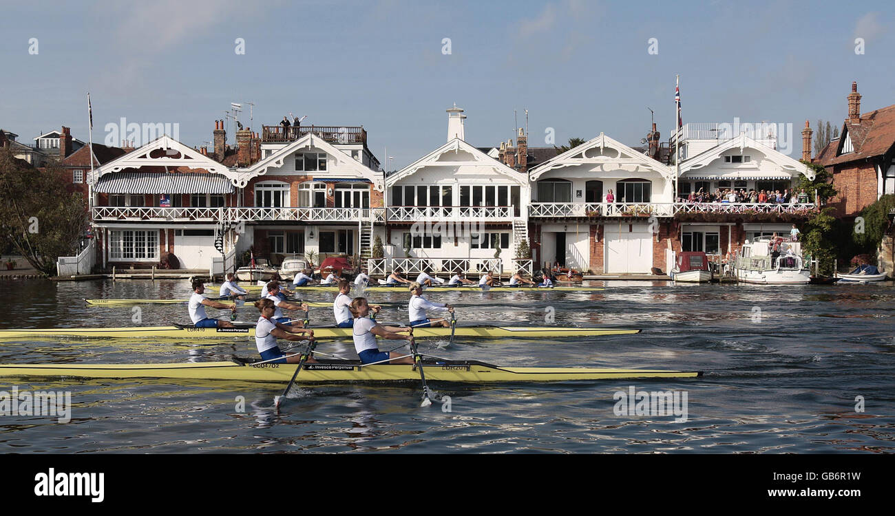 Members of the British Olympic rowing team row down the river in Henley ...