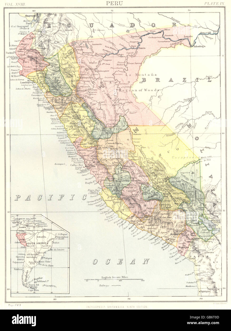 PERU: Inset South America. Britannica 9th edition, 1898 antique map ...