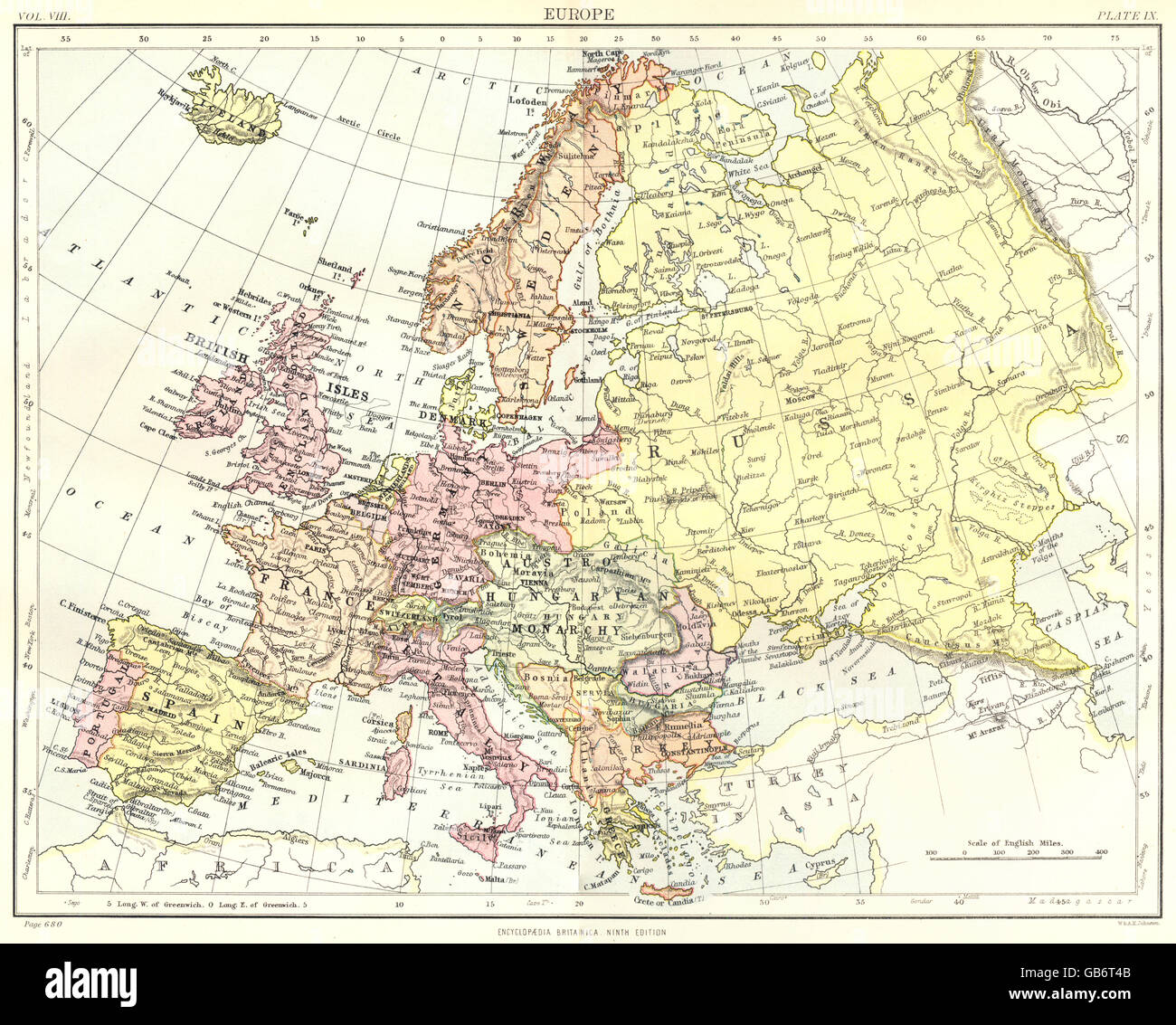 EUROPE: Britannica 9th edition, 1898 antique map Stock Photo - Alamy