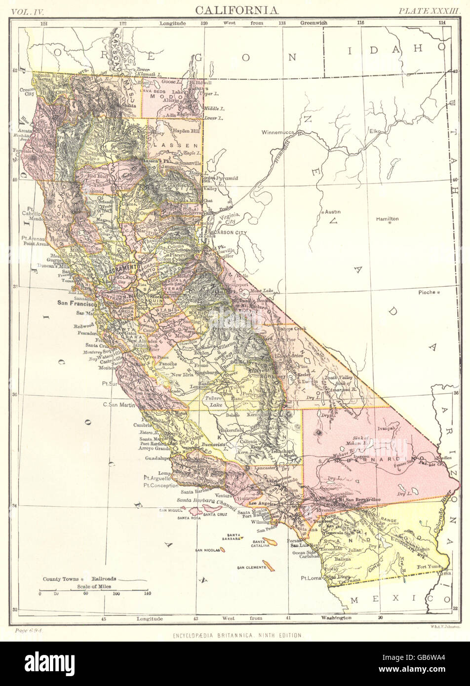CALIFORNIA: State map showing counties. Britannica 9th edition, 1898 ...