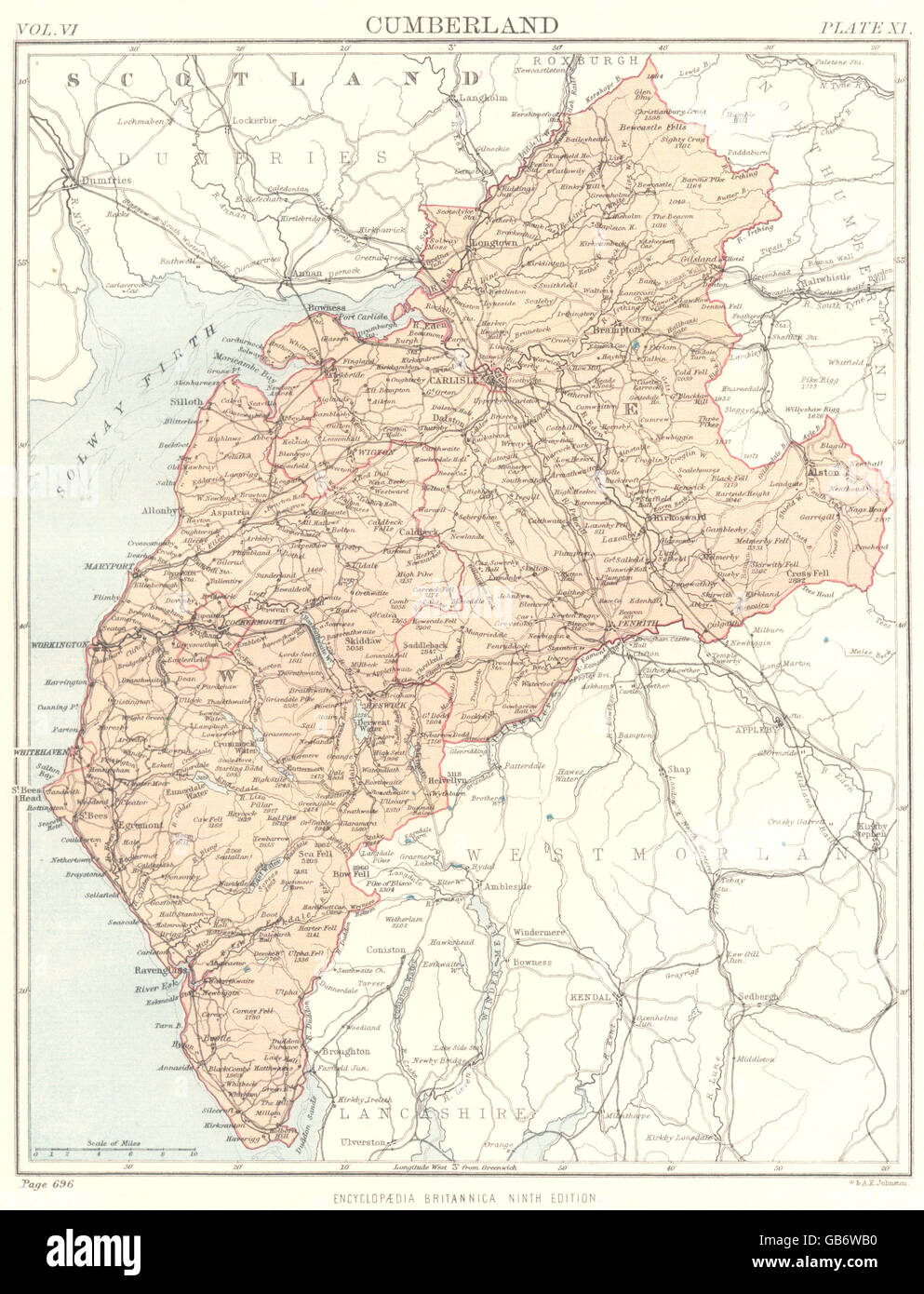 CUMBRIA: Cumberland. Britannica 9th edition County map, 1898 Stock ...