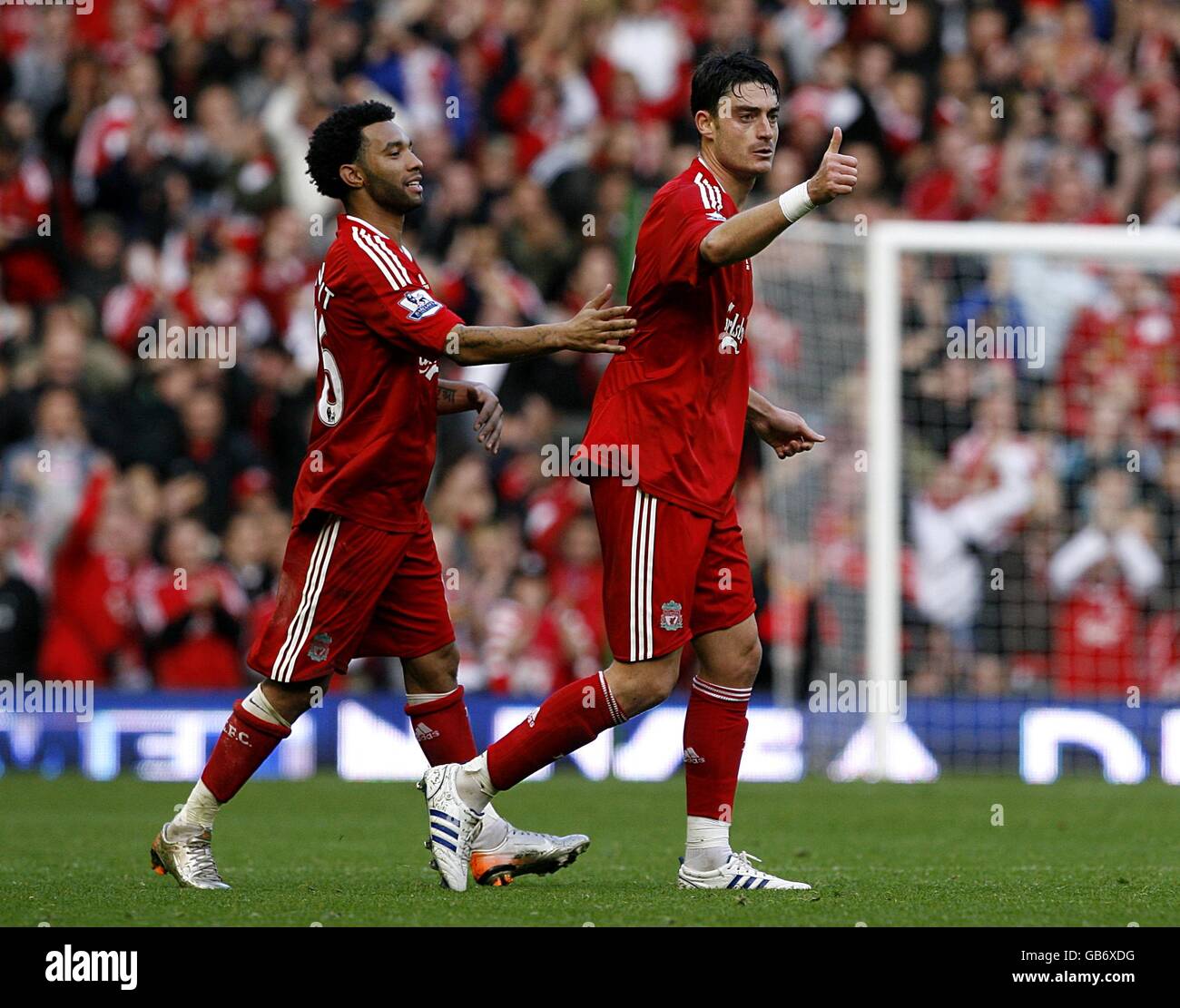 Liverpool's Albert Riera celebrates scoring his sides second goal Stock ...