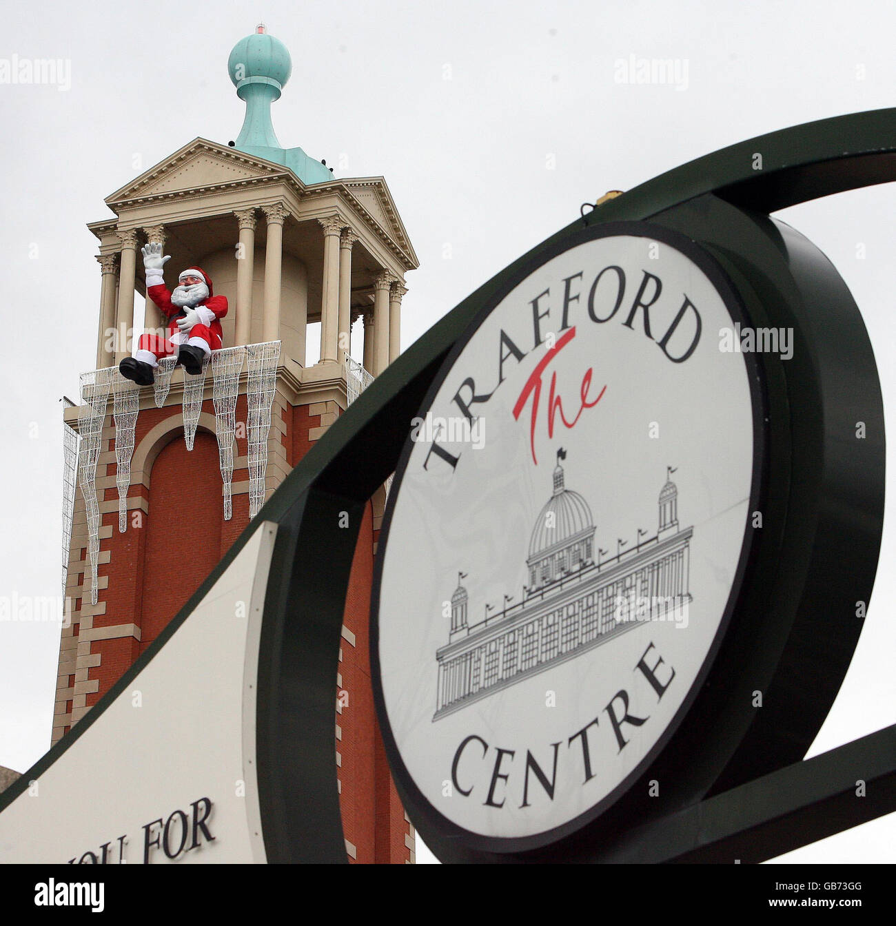 A giant Father Christmas on the campanile tower of the Trafford Centre ...