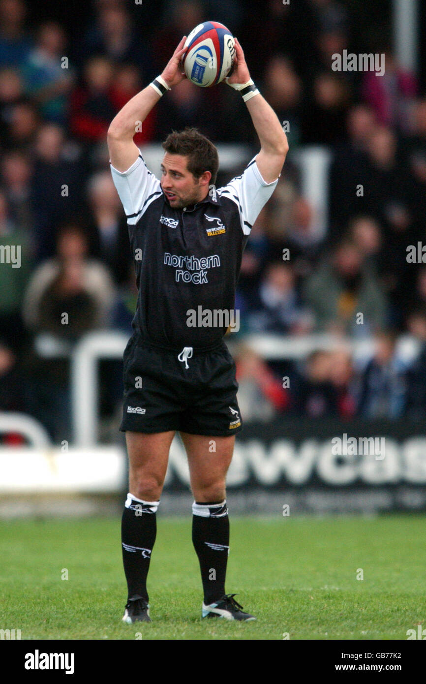 Newcastle Falcons' Ben Gollings prepares to restart the game Stock ...