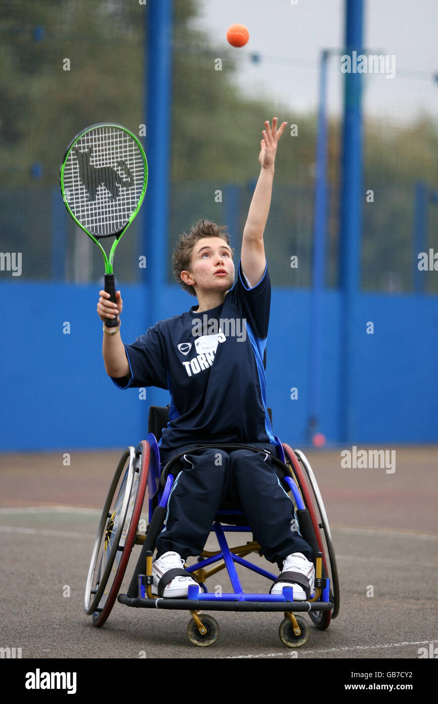 A competitor takes part in Wheelchair Tennis during the ParalympicsGB ...