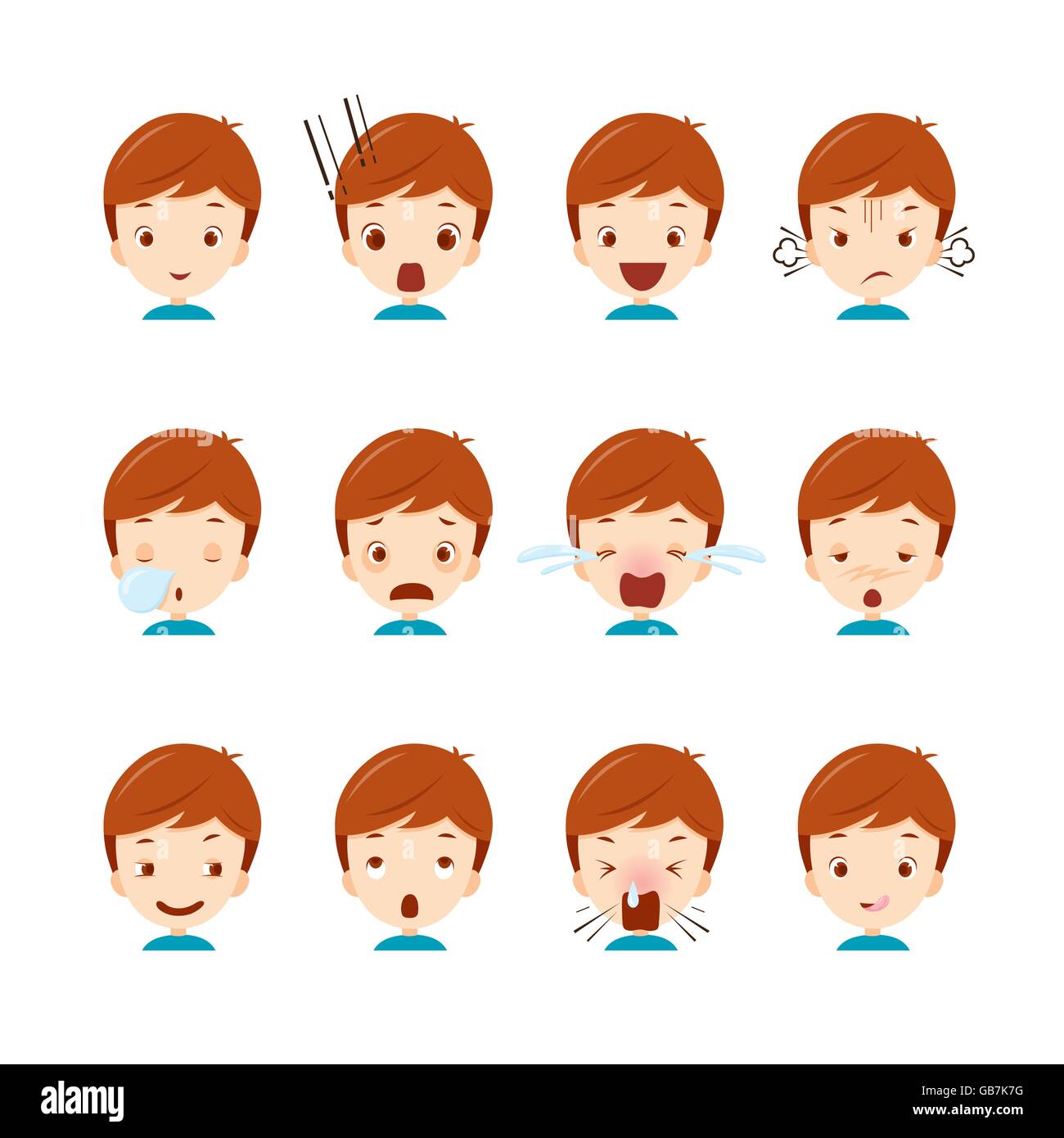 Cute boy emoticons set, emoji, facial, feeling, mood, personality ...