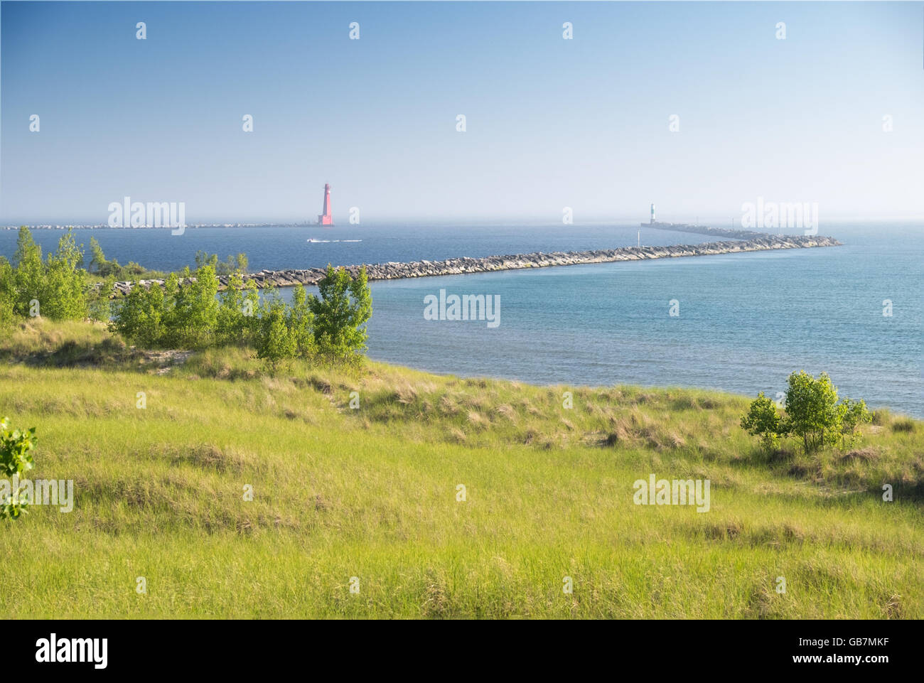 Lake Muskegon channel into Lake Michigan at Muskegon State Park Stock ...