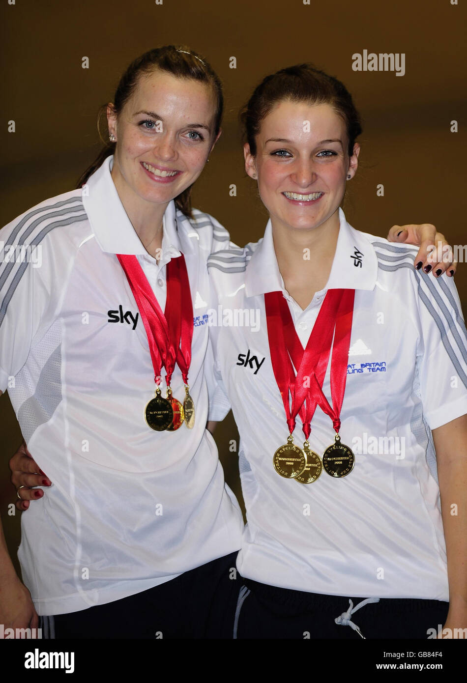 Victoria Pendleton (left) and Elizabeth Armitstead with the six gold ...