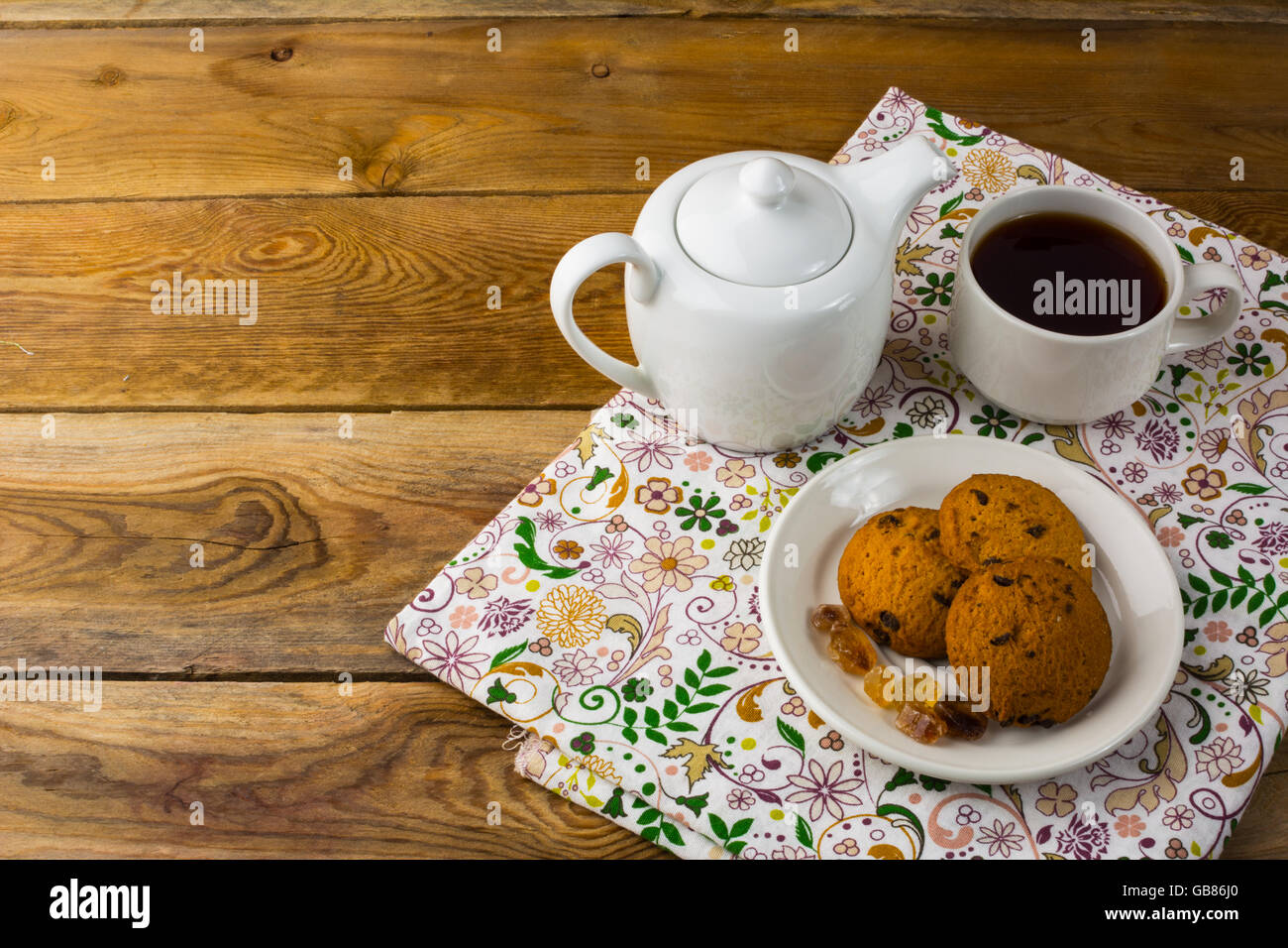 Tea cup and teapot, top view, copy space. Tea party. Breakfast tea. Cup ...