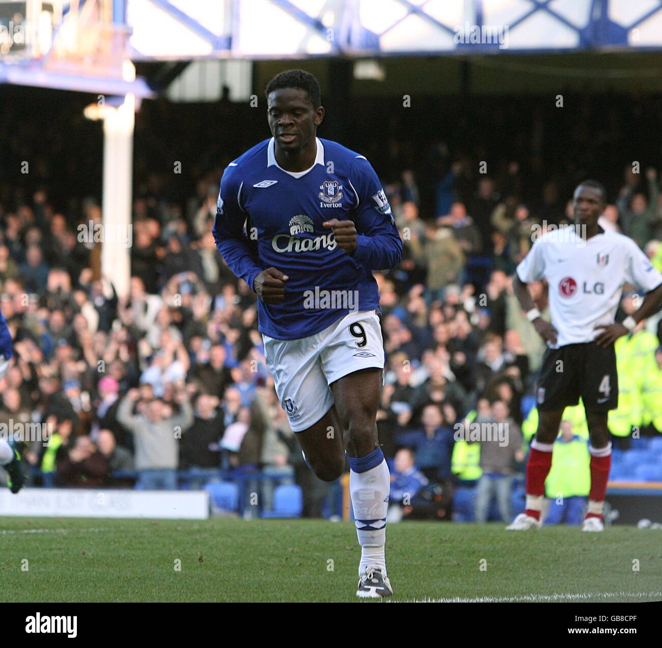 Everton's Louis Saha celebrates scoring the opening goal of the game ...